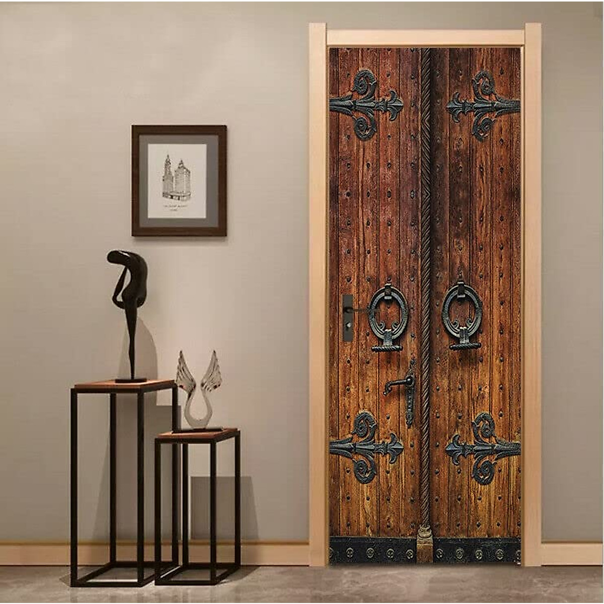 artfanke 3D Realistic Wooden Pattern Door Sticker Peel and Stick - Retro Wood Murals Wallpaper - Waterproof Door Decal for Home Decor 30.3"x78.7"(2 Sheets/Set)