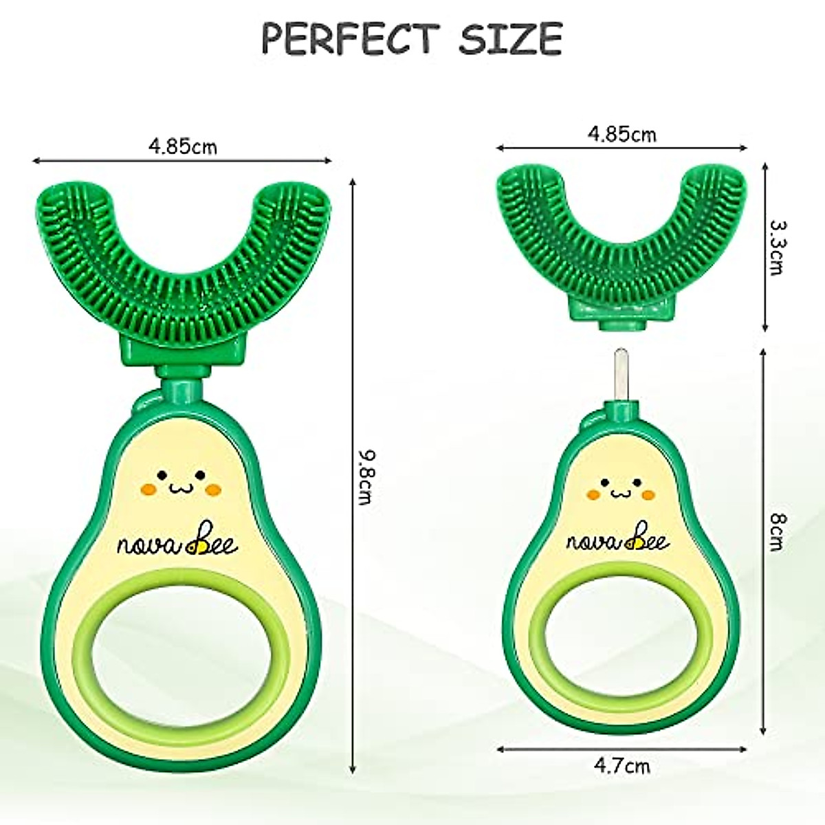 NovaBee U Shaped Toothbrush for Children – 4 Pack Set Avocado Handle and 3 Food Grade Silicone Brush Heads - 360 Whole Mouth Manual Ergonomic Toothbrush for Toddlers and Kids Ages 2-7
