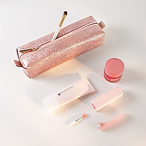 Comfyable Small Cosmetic Bag for Rectangular Makeup Bag Waterproof Glitter Cute Toiletry Pouch Rose Gold Sparkly Shiny Pink