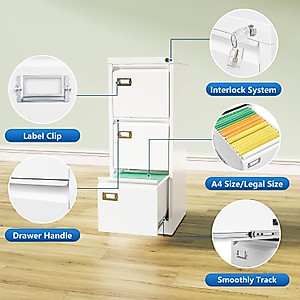 heycode 3 Drawers Filing Cabinets for Home Office,Vertical File Cabinet with Lock, Metal Office Locking File stoage Cabinet, Small Filing Cabinet Organizer for Hanging Legal/A4 (White, 3 Drawers)