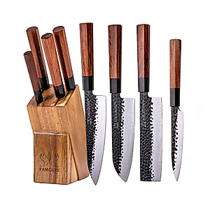 FAMCÜTE Japanese Chef Knife Set, 3 Layer 9CR18MOV Clad Steel w/Rosewood Handle and Block Wooden Holder for 4PCS Kitchen Knife Set (8” Gyuto Knife, 7” Nakiri Knife, 7” Santoku knife, 5” Utility knife)