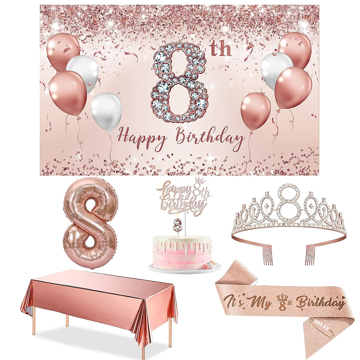 Trgowaul 8th Birthday Decorations Party Set for girls, Rose Gold 8 Birthday Banner and Tablecloth, 8 & Fabulous Sash and Tiara, 1PC Happy 8th Birthday Cake Topper, Pink Gold 8 Number Balloons