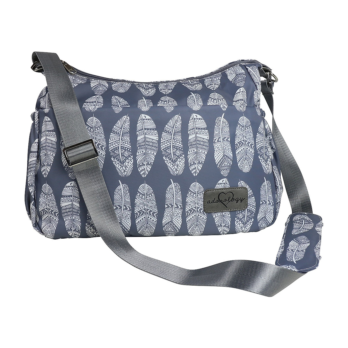 Diaper Bag Purse & matching Changing Pad in Premium Gray Nylon w/ 11 Pockets Insulated for Baby Bottles Silver Tone Hardware Perfect Spacious Crossbody Hobo Bags for Moms Grey Feathers Stroller Straps