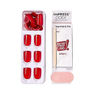 KISS imPRESS Color Polish-Free Solid Color Press-On Nails, PureFit Technology, Short Length, 'Reddy or Not', Includes Prep Pad, Mini Nail File, Cuticle Stick and 30 Fake Nails