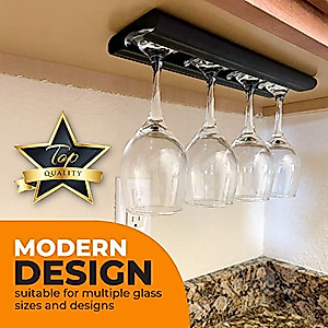 AA Brothers Aluminum Wine Glass Rack 2 Pack, Under Cabinet Wine Glass Holder, Under Shelf Mounted Stemware Rack for Bar Kitchen, Hanging Stemware Rack Organizer Hanger, Black