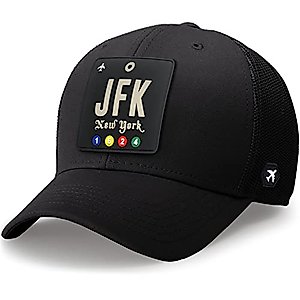 We Fly Trucker Hat for Men & Women, Adjustable Baseball Hat, Mesh Snapback, Travel Essential Hat (New York, Black)