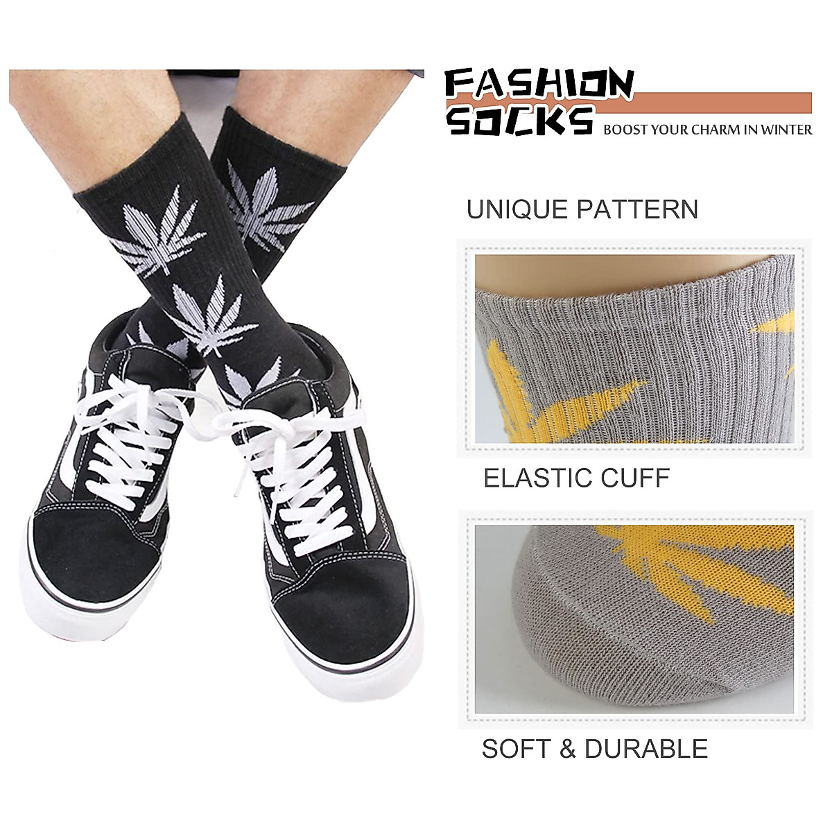 UTTPLL Winter Socks for Men Women Marijuana Weed Leaf Printed Cotton Crew Boot Scoks Maple Leaf Athletic Hiking Socks Black Green One Size