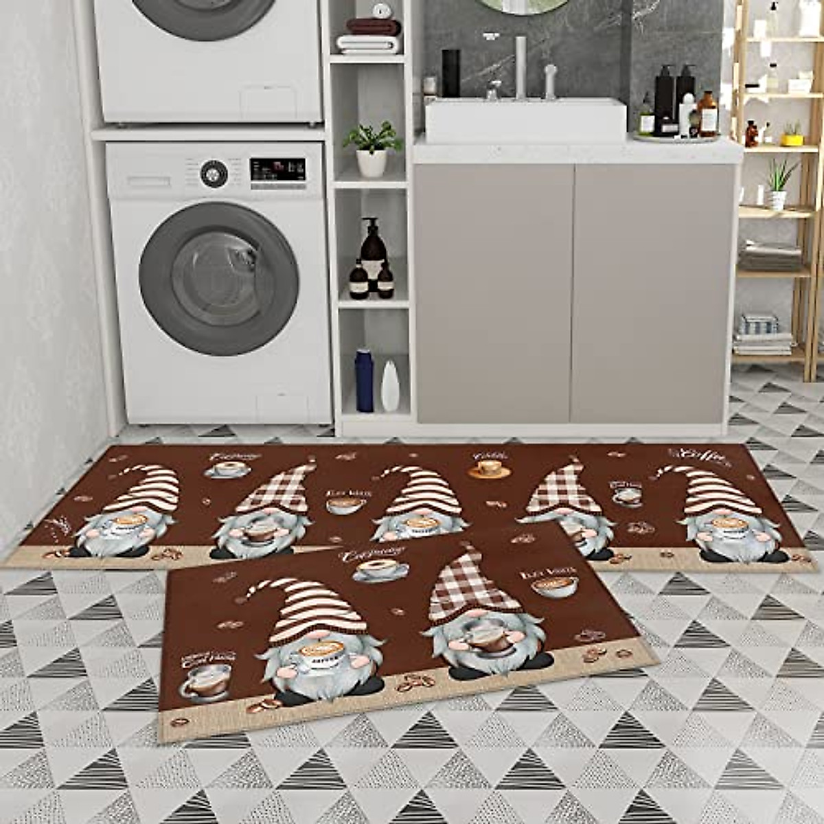 Coffee Gnomes Kitchen Mat Set 2 Piece Kitchen Rugs, Farmhouse Brown Coffee Beans Soft Non-Slip Rubber Backing Floor Mats Doormat Bathroom Runner Area Rug Carpet, 19.7x31.5in + 19.7x47.2in