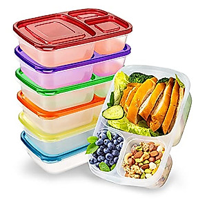 Vonhen 7 Pack Bento Lunch Boxes Reusable 3 Compartment Meal Prep Containers - Leakproof Lunch Container with Lids for Work, and Travel