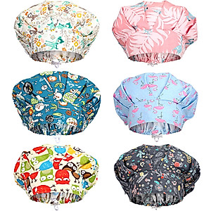 SATINIOR 6 Pieces Caps with Buttons Elastic Bouffant Turban, Nursing Surgical Cap Printed Scrub Working Hats with Sweatband Unisex Tie Back Hats Hair Covers