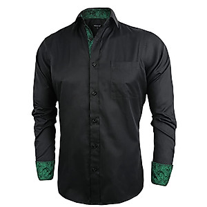 Alizeal Men's Business Slim Fit Dress Shirt Long Sleeve Patchwork Button-Down Shirt, Black and Dark Green-L