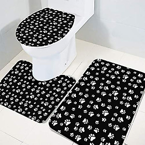 3 Pieces Bath Rugs Sets Cute Cat and Dog Footprint Paws Soft Non-Slip Absorbent Toilet Seat Cover U-Shaped Toilet Mat for Bathroom Decor Black and White