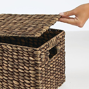 mDesign Woven Water Hyacinth Rectangle Storage Organizer Basket Bin with Topper Lid and Handles - Natural Farmhouse Holder Containers for Closet, Bedroom, Bathroom, Office - Set of 3 - Dark Brown