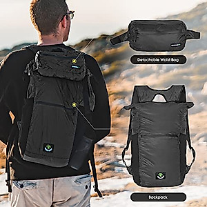4Monster Hiking Daypack,2 in 1 Water Resistant Lightweight Backpack,Portable Fanny Pack Waist Pack for Travel Camping Outdoor (32L, Black)