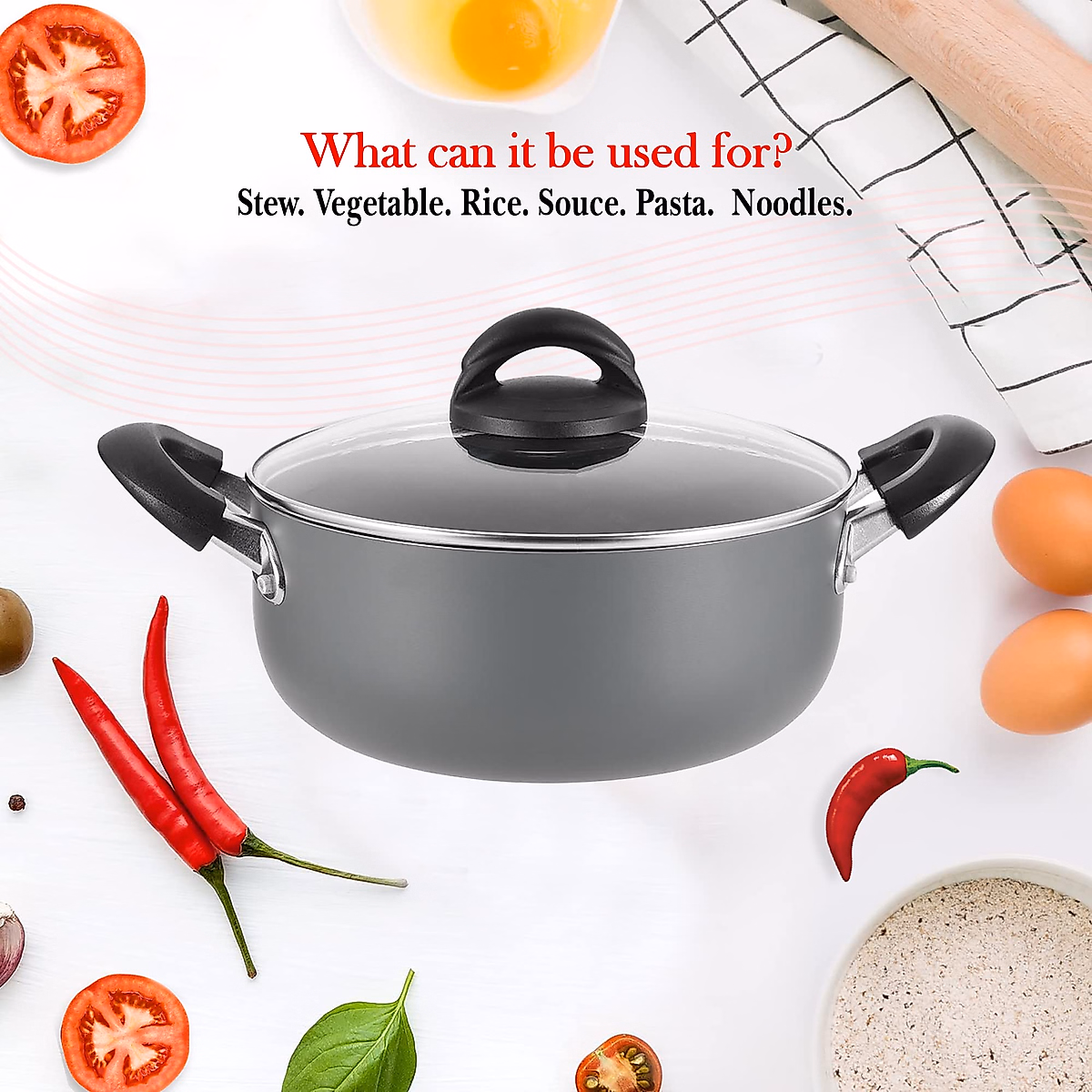 Alpine Cuisine Aluminum Nonstick Coating Dutch oven 4Qt Pot with Lid & Bakelite Handle, Suitable for Bread Baking & Roasting, Ideal for Family, Durable and Evenly Heated, Dishwasher Safe - Gray