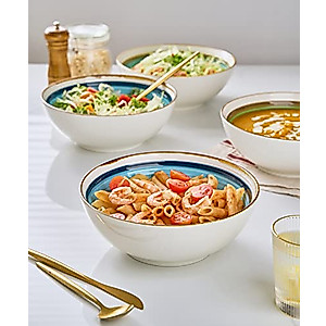 Chralji 63 Ounces Salad Bowls,9"Large Serving Bowls, Pasta Bowls for Kitchen, Ramen,Soup Bowls,Mixing Bowls Hand Paint Sets of 2 Blue