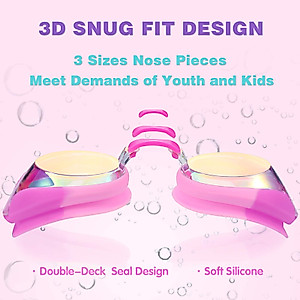 Keary 2 Pack Kids Swim Goggles Swimming Goggles for Toddler Children Girls Boys Youth, Anti-Fog Waterproof Anti-UV Clear Vision Mirror Flat Lens Water Pool Goggles with 3 Nose Piece, Pink Kids Goggles