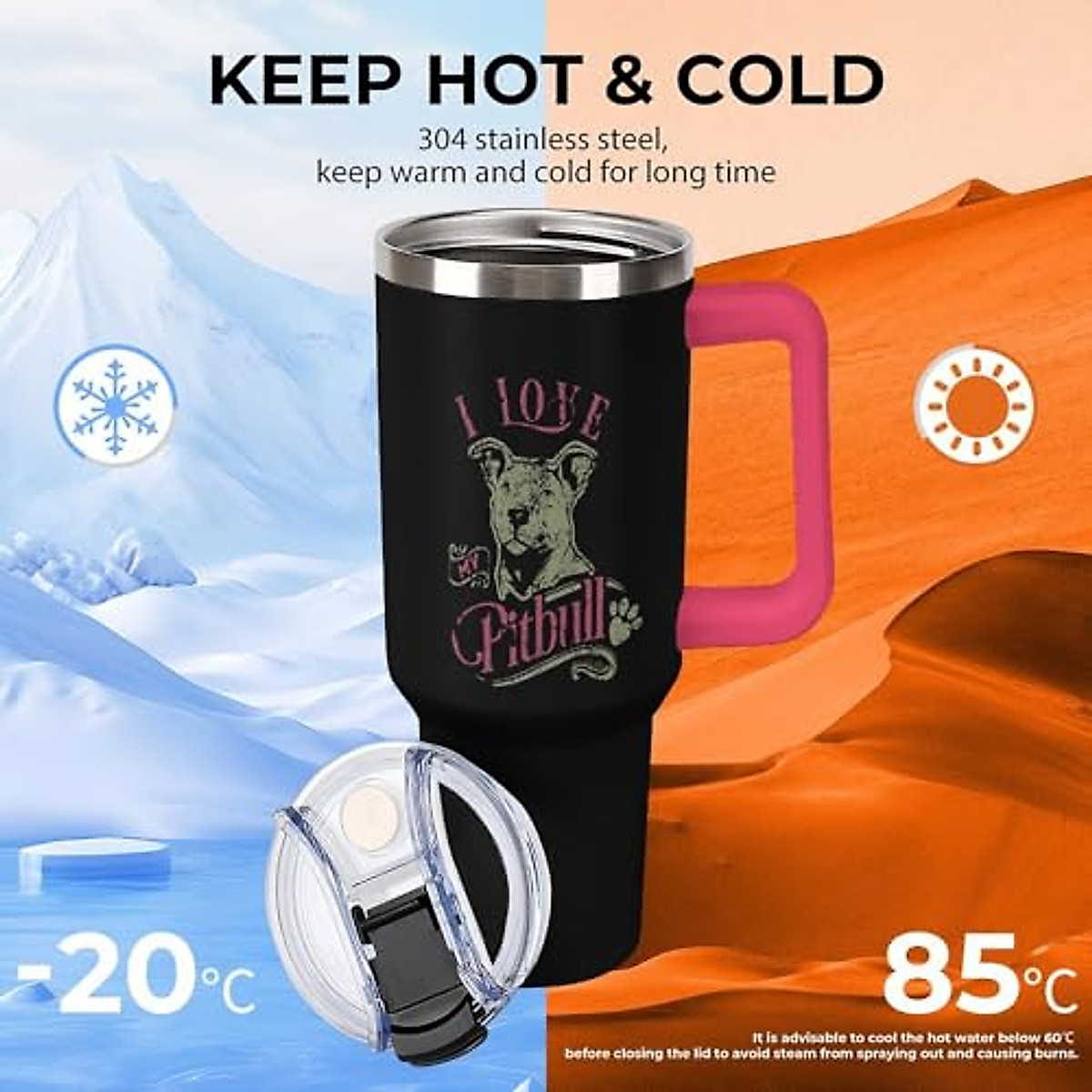 I Love My Pitbull 40oz Water Bottle Double Wall Insulated Tumbler with Handle Leakproof Travel Mug Light Rose Red-style