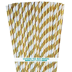 Gold Foil Paper Straws - Striped - Valentine - Wedding Party Supply - 7.75 Inches - 100 Pack - Outside the Box Papers Brand