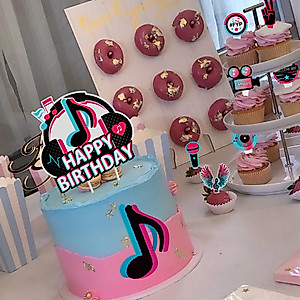 25Pcs Tik Music Happy Birthday Cake Toppers，Musical Tik Cupcake Toppers for Girl's Music Karaoke Themed Party Supplies，Music Birthday Party Decorations