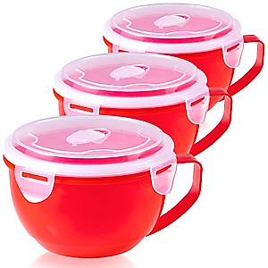 MATICAN Microwave Bowl with Lid, 3-Pack Microwave Soup Bowl with Lid, Noodle Bowl for Ramen, Soup, Beverages, 30.43 Ounces, Red