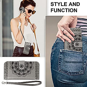 CASEOWL Compatible for iPhone 14 Pro Max Wallet Case[Support Magsafe Charger] 2-in-1 Magnetic Detachable[RFID Blocking] Mandala Embossed Flip Leather Wallet Case with Card Holder,Strap for Women(Gray)