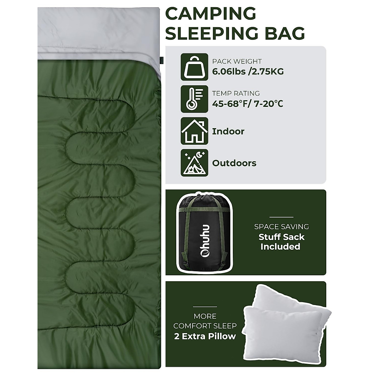 Ohuhu Double Sleeping Bag with 2 Pillows, Waterproof Lightweight 2 Person Adults Sleeping Bag for Camping, Backpacking, Hiking, with Carrying Bag (Green)