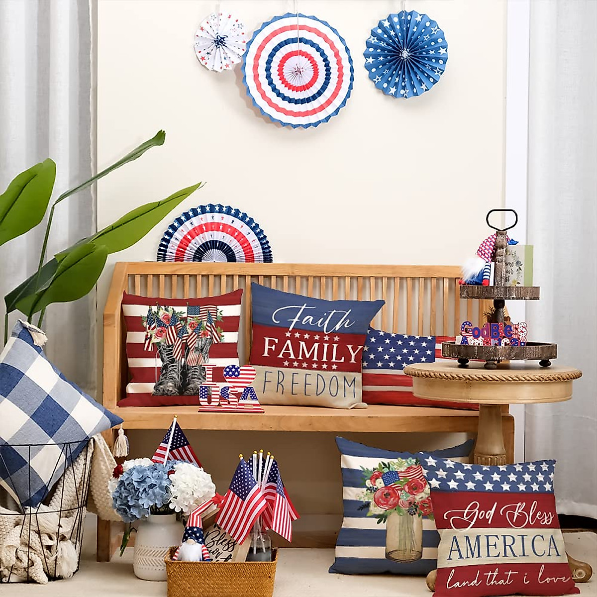 GEEORY 4th of July Decorations Pillow Covers 18 x 18 Set of 4 Star and Stripe Freedom Boot Floral Flag Throw Pillow Covers Patriotic Pillows Independence Memorial Day Decor Cushion Case G325-18