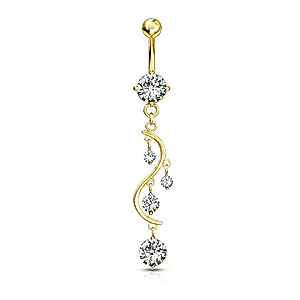 Forbidden Body Jewelry 14kt Gold Plated Surgical Steel Fancy CZ Crystal Vine Drop Multi Gem Dangle Belly Button Ring