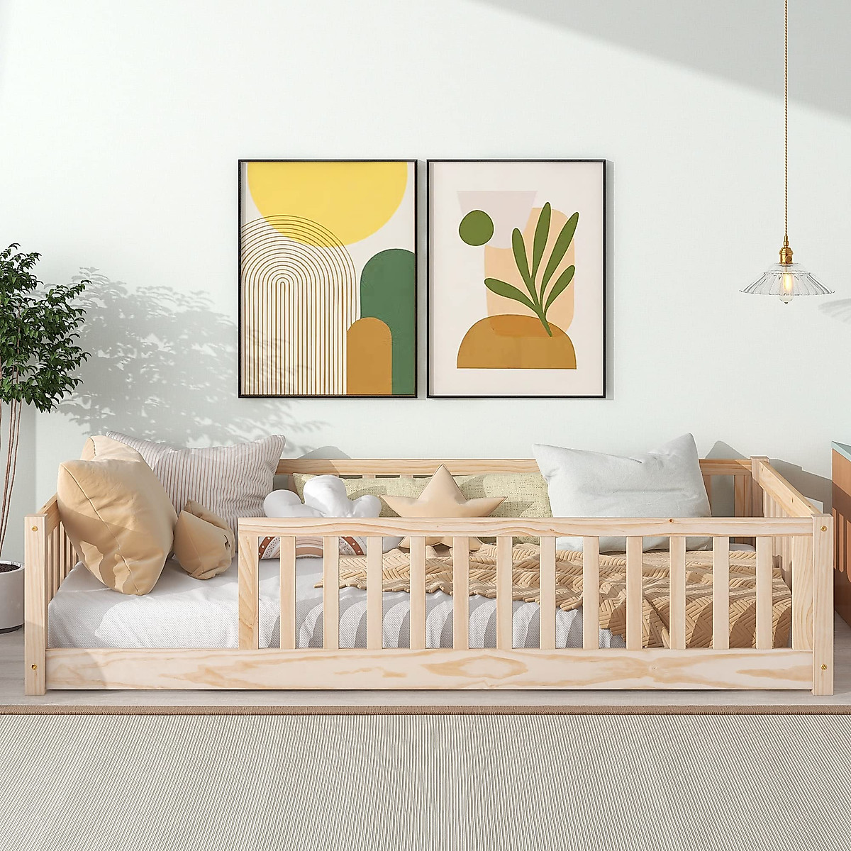 Brafab Montessori Floor Bed with Safety Guardrails and Door, Twin Size Solid Pine Wood Floor Bed Frame with Slats, Full Length Fence for Girls, Boys, Child Bedroom, Kids Playroom (Natural)