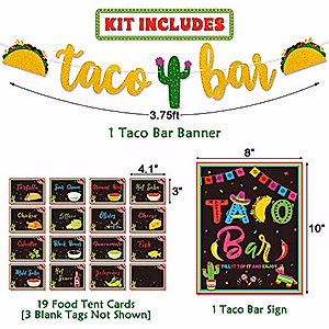 Kitticcino Taco Bar Decoration Kit - Banner Sign Tents Garland for Cinco De Mayo Mexican Fiesta Themed Party Bachelorette Bridal Shower, Housewarming