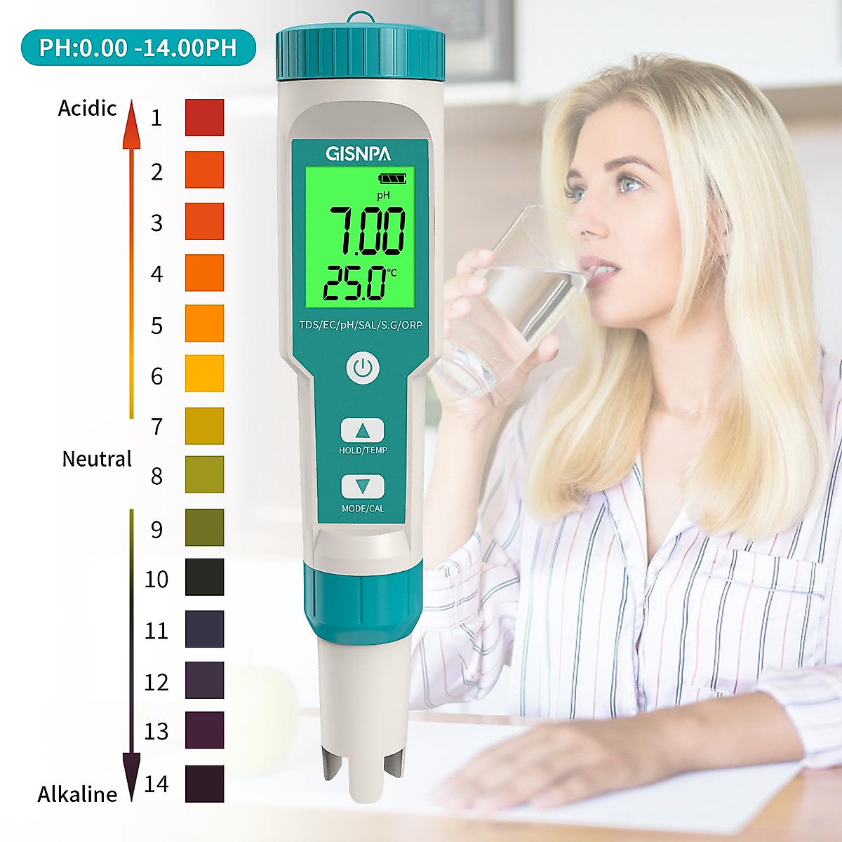 GISNPA 7 in 1 pH/TDS/EC/ORP/S.G/Salinity/Temp Meter with ATC pH Tester, 0.01 Resolution High Accuracy Digital pH Meter, Water Tester for Drinking, Hydroponics, Swimming Pool and Aquarium