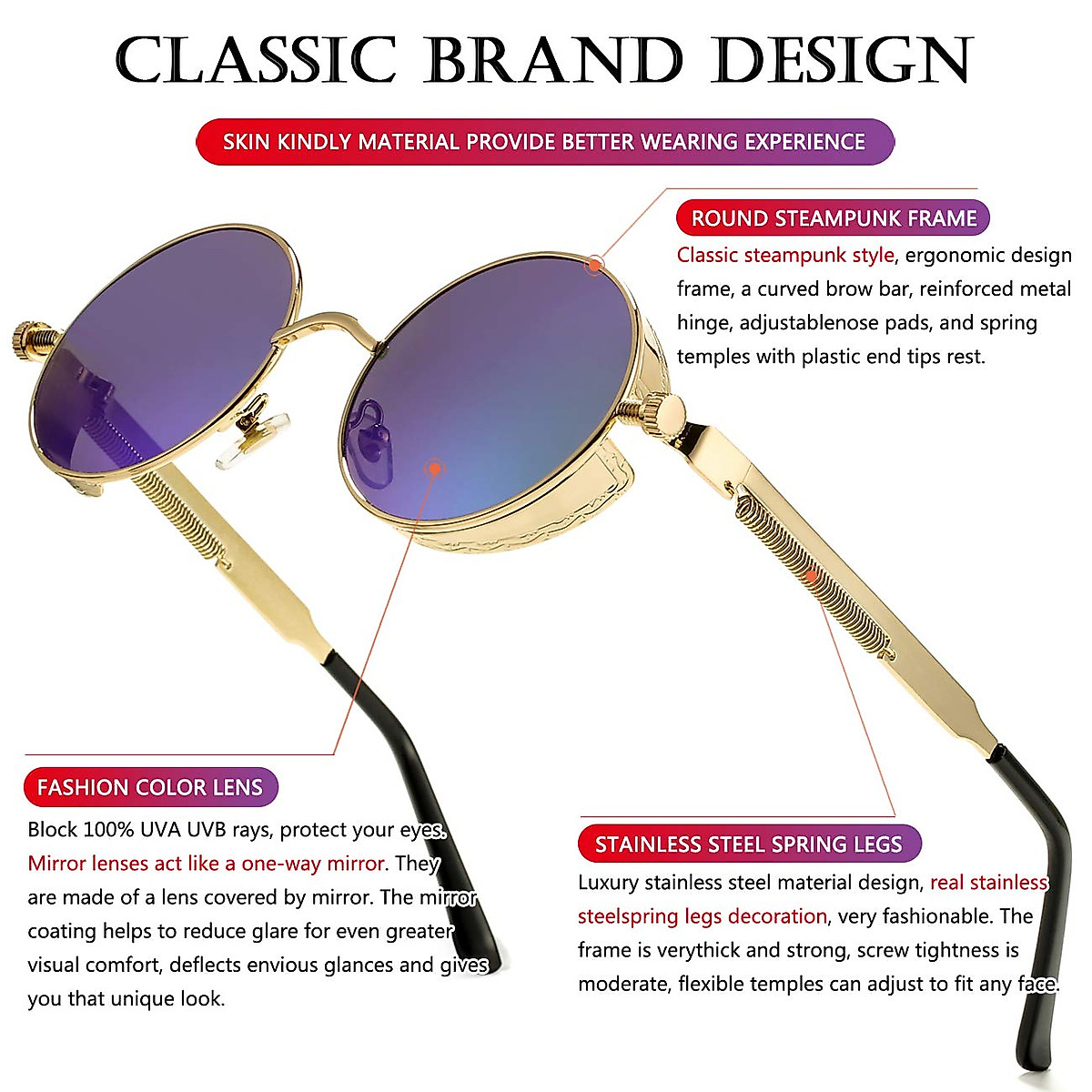 AIEYEZO Round Steampunk Sunglasses for Men Women Gothic Glasses Vintage Circle Metal Frame 100% UV Blocking Lens (Gold/Green Mirrored)