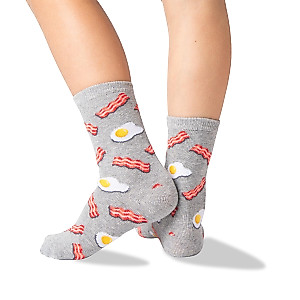 Hot Sox Kids' Big Fun Food & Drink Crew Socks-1 Pair Pack-Cool & Cute Boys & Girls Gifts, Eggs and Bacon (Sweatshirt Gray Heather), Large-X-Large