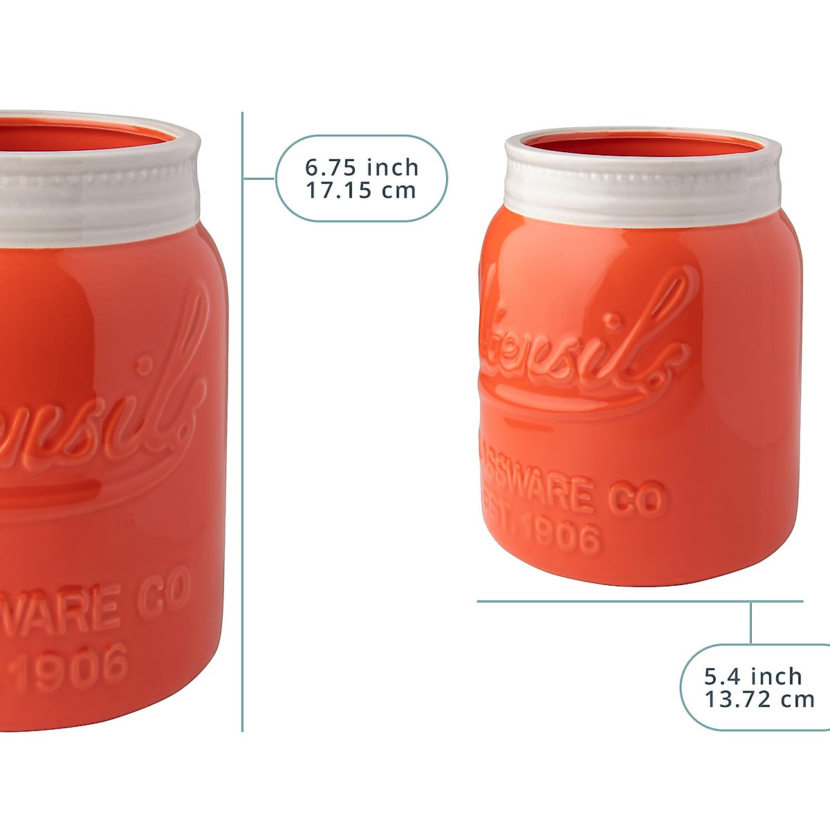 Comfify Wide Mouth Mason Jar Utensil Holder Decorative Kitchenware Organizer Crock, Chip Resistant Ceramic, Dishwasher Safe - Kitchen Caddy, Large Size 7" High - Coral