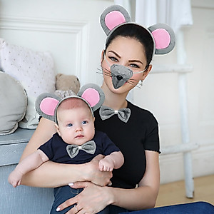 CASW Mouse Costume Ears-Headband-Tail-Nose-Bow-Tie Accessories Set : Standing Up Grey and Pink Ears Headband and Tail, Bow Tie Mouse Halloween Accessories Set - for Toddlers and Kids