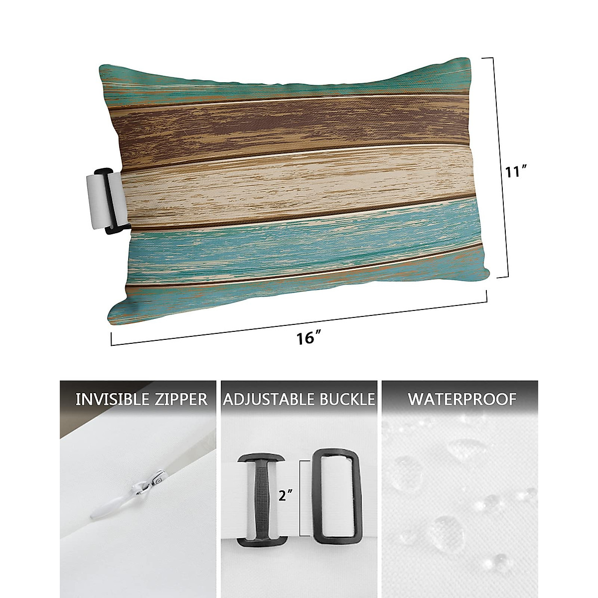 Teal Wood Grain Outdoor Chaise Lounge Head Resting Pillows 2 Pack, Farm Teal Brown Wooden Board Waterproof Patio Furniture Pillow with Insert Adjustable Elastic Stripe for Recliner Beach Chairs