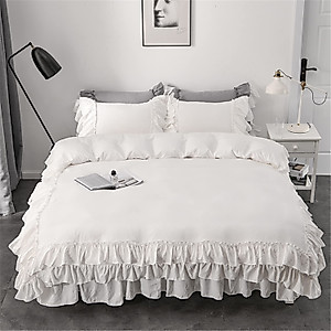 Soukach/SOUKECHY White Shabby Chic 3 Pieces Bedding,Vintage Ruffled Queen Duvet Cover Set with 2 Layers Ruffles,Soft Brushed Microfiber Set with Zipper Closure(Queen, White)