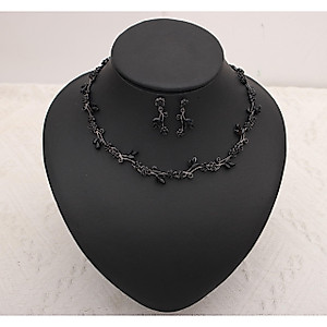 QLLYHLH Brides Bridesmaid Flower Leaf Choker Necklace Dangle Earrings Link Bracelet Austrian Crystal Wedding Jewelry Set for Prom Costume Party Accessories for Woman(Black-Gun plated)