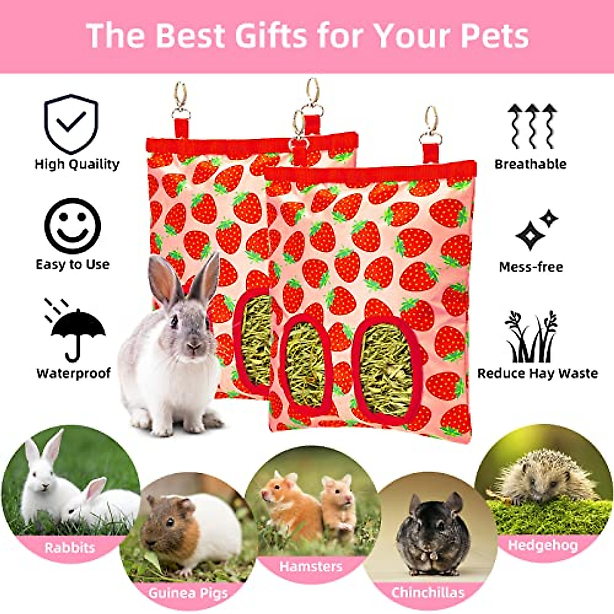 Terossy Rabbit Hay Feeder for Cage, Upgraded Hanging Guinea Pig Hay Feeder Bag for Rabbits Bunny Chinchilla Hamster with 3 Hooks, Mess Free Small Animals Grass Holder, 9.8x11.4Inch, 2 Reinforced Holes