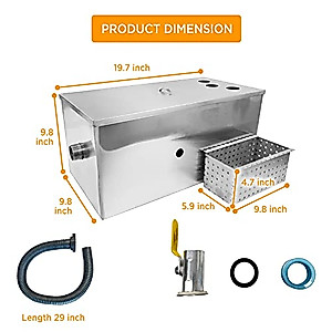 Ganggend Upgraded Commercial Grease Trap, 10LBS Grease Interceptor Trap, 5GPM Stainless Steel Grease Trap Interceptor Set with Removable Baffles for Restaurant, Canteen, Kitchen Wastewater
