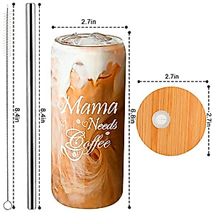 WAVEWISE Gifts for Mom from Daughter, Son, Kids - 20 Oz Drinking Can Glass Iced Coffee Cup with Lid and Straw - Mama Needs Coffee - Birthday Presents for Mom, Mother, Wife, New Mom, Mother In Law