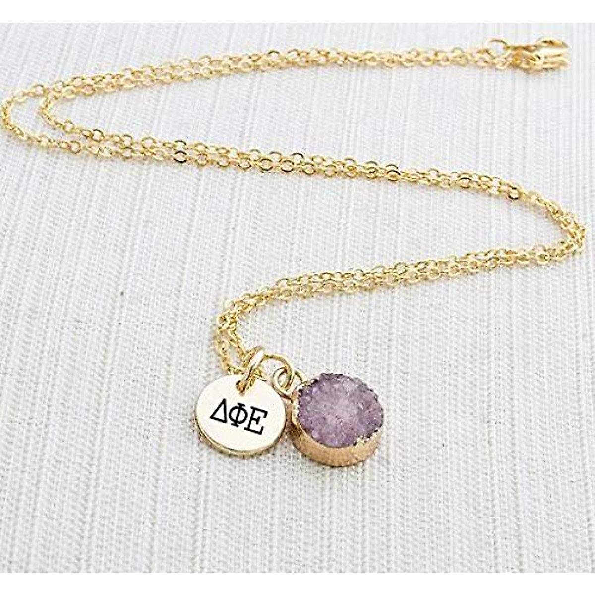 Sorority Shop DPE Necklace - Delta Phi Epsilon Purple Druzy Gemstone Necklace With Engraved Pendant – 14K Gold Dipped Jewelry with Purple Gemstone – Sorority Gift, Charm Paraphernalia