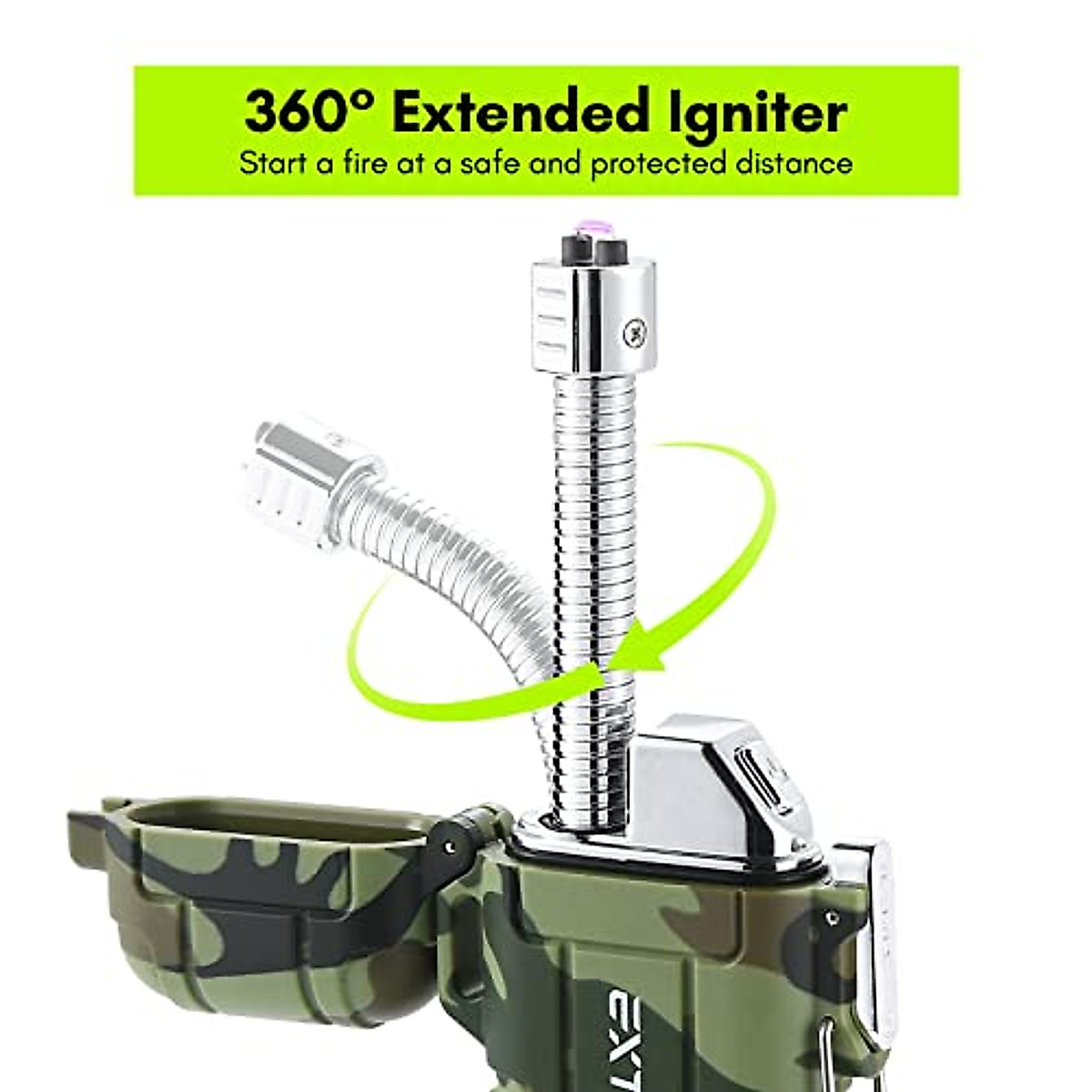 Extremus Blaze 360 Rechargeable Electric Lighters, Dual Arc Lighter, Windproof Plasma Lighter, Waterproof Lighter, Flameless Lighter with Whistle Lanyard for Camping (Army Green Flex)