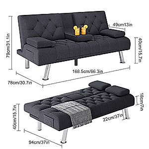 HIFIT Futon Sofa Bed, Upholstered Convertible Folding Sleeper Sofa Bed with Removable Armrests, Modern Futon Couch for Living Room, Bedroom, 2 Cupholders, Metal Legs, Dark Grey