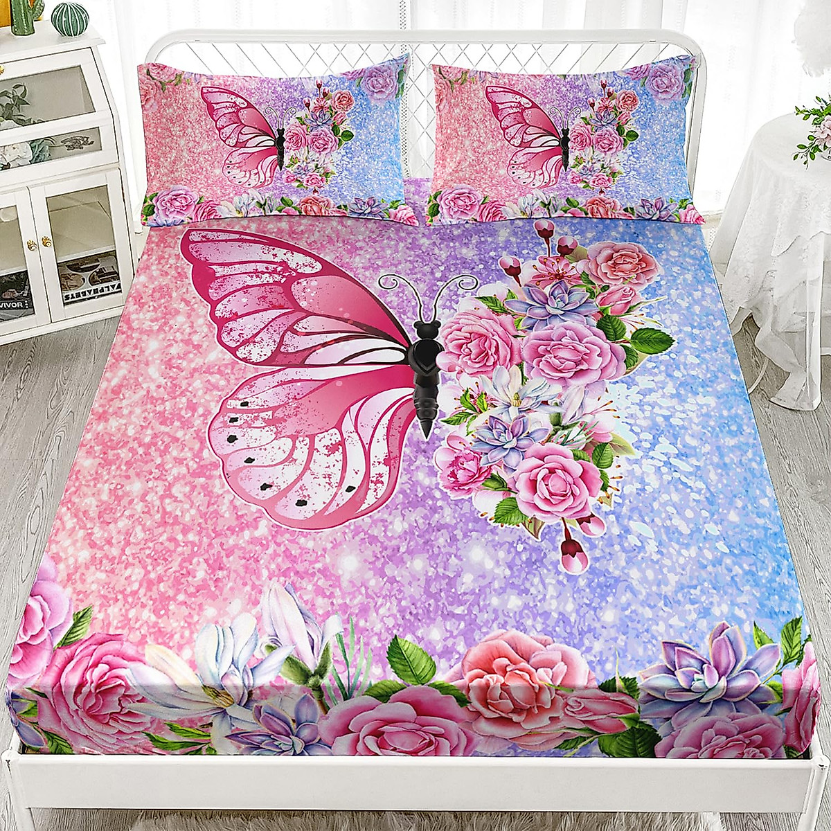 AILONEN Beautiful Butterfly Fitted Sheet Full Size, Sparkling Blue Pink Butterfly with Floral Bedding Set for Girls Women,Starry Theme Bed Sheet Set,3 Pieces,1 Fitted Sheet and 2 Pillowcases