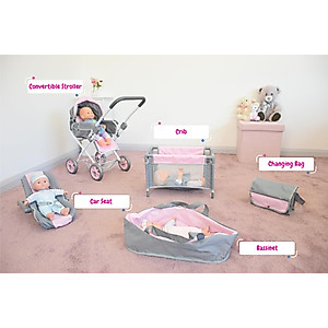KOOKAMUNGA KIDS 5 Pc Baby Doll Stroller Set - Baby Doll Accessories - Baby Doll Playset w/ Doll Crib Stroller Car Seat - Playpen - Carry Cot - Diaper Bag - Ages 3+ - Deluxe Grey / Pink
