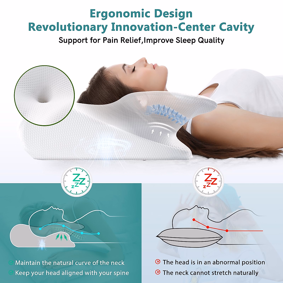 TailsUp Cervical Neck Pillow, Neck Pillows for Pain Relief, Orthopedic for Sleeping with Cooling Pillowcase, Bed Support for Side, Back, Stomach Sleeper