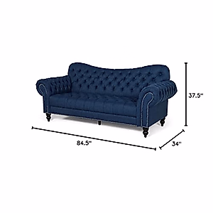 Christopher Knight Home Nathan Chesterfield Button Tufted Fabric 3 Seater Sofa, Navy Blue, Dark Brown