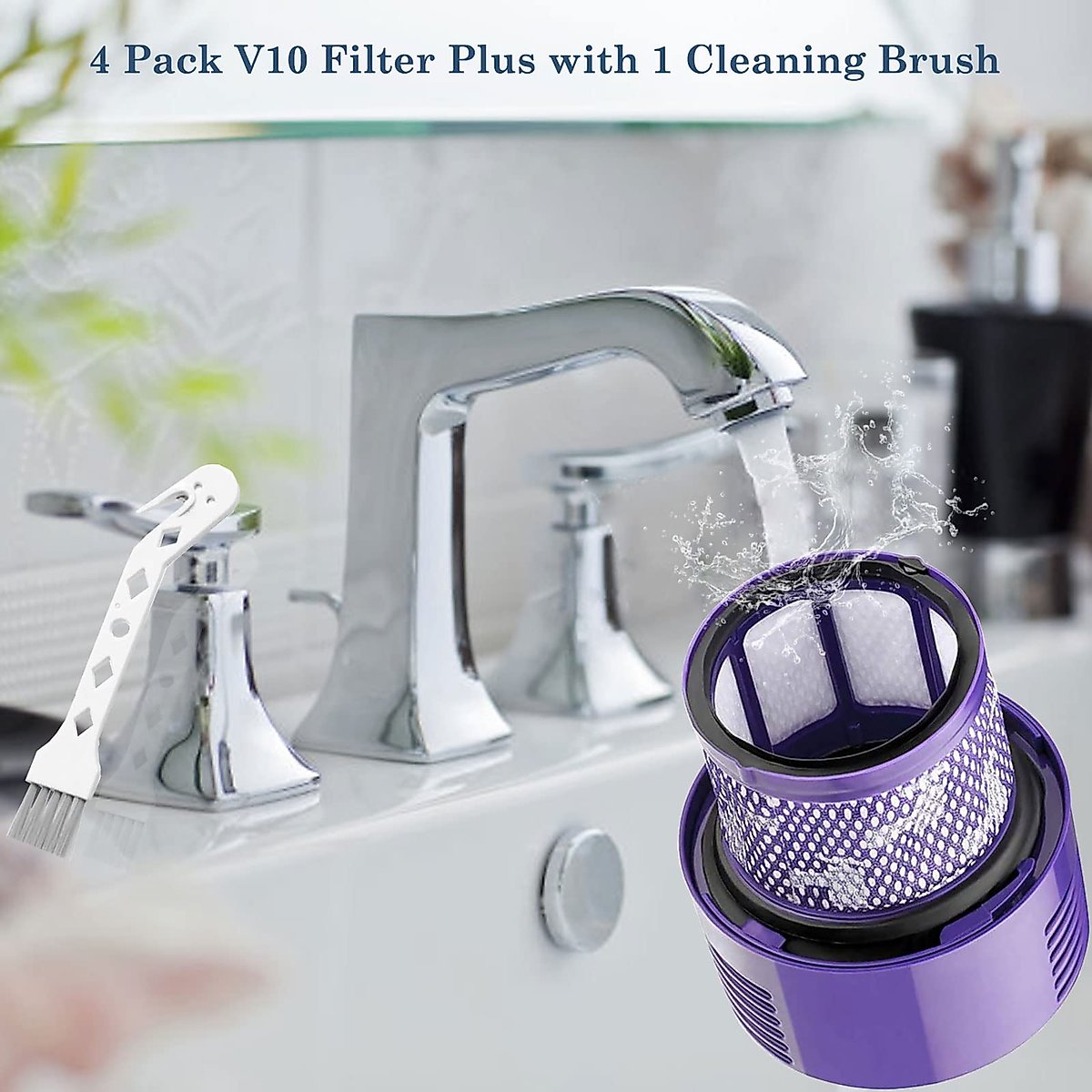 LhhTing Replacement V10 Filters for Dyson V10 Cyclone Series, V10 Absolute, V10 Animal, V10 Total Clean, SV12, Replace Part No. 969082-01, 4 Pack Filters and 1 Clean Brush